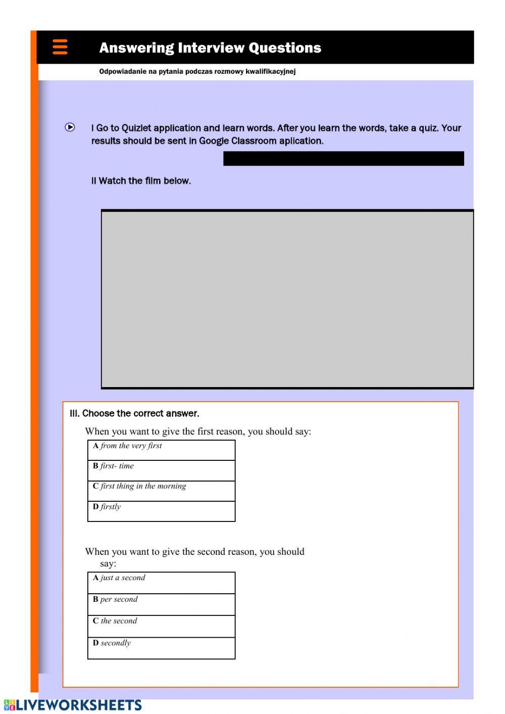 Answering Interview Questions part 1 worksheet | Live Worksheets