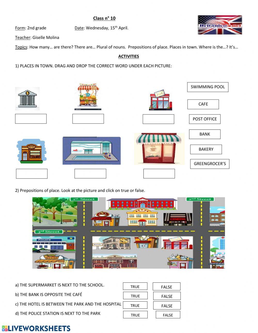 PLACES IN TOWN, PLURAL NOUNS, PREPOSITIONS OF PLACE PRACTICE online ...