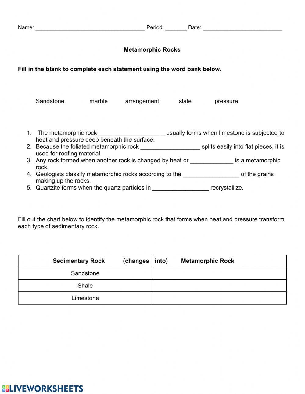 Metamorphic Roc… | Free Interactive Worksheets | 99792