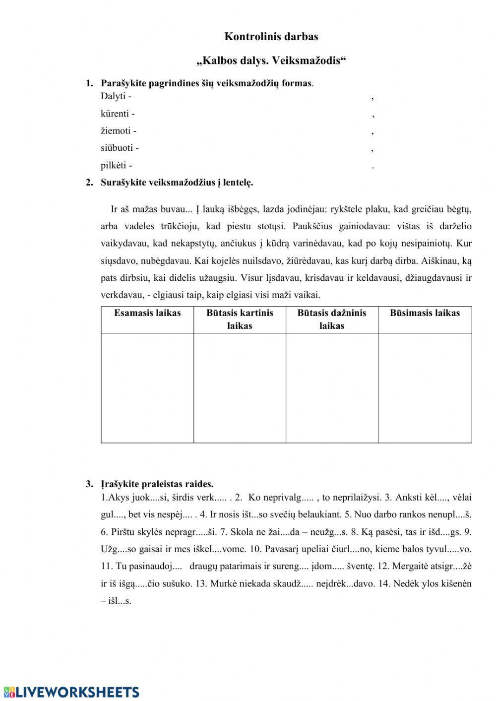 101523 | Kontrolinis darbas 6 klasei Veiksmažodis