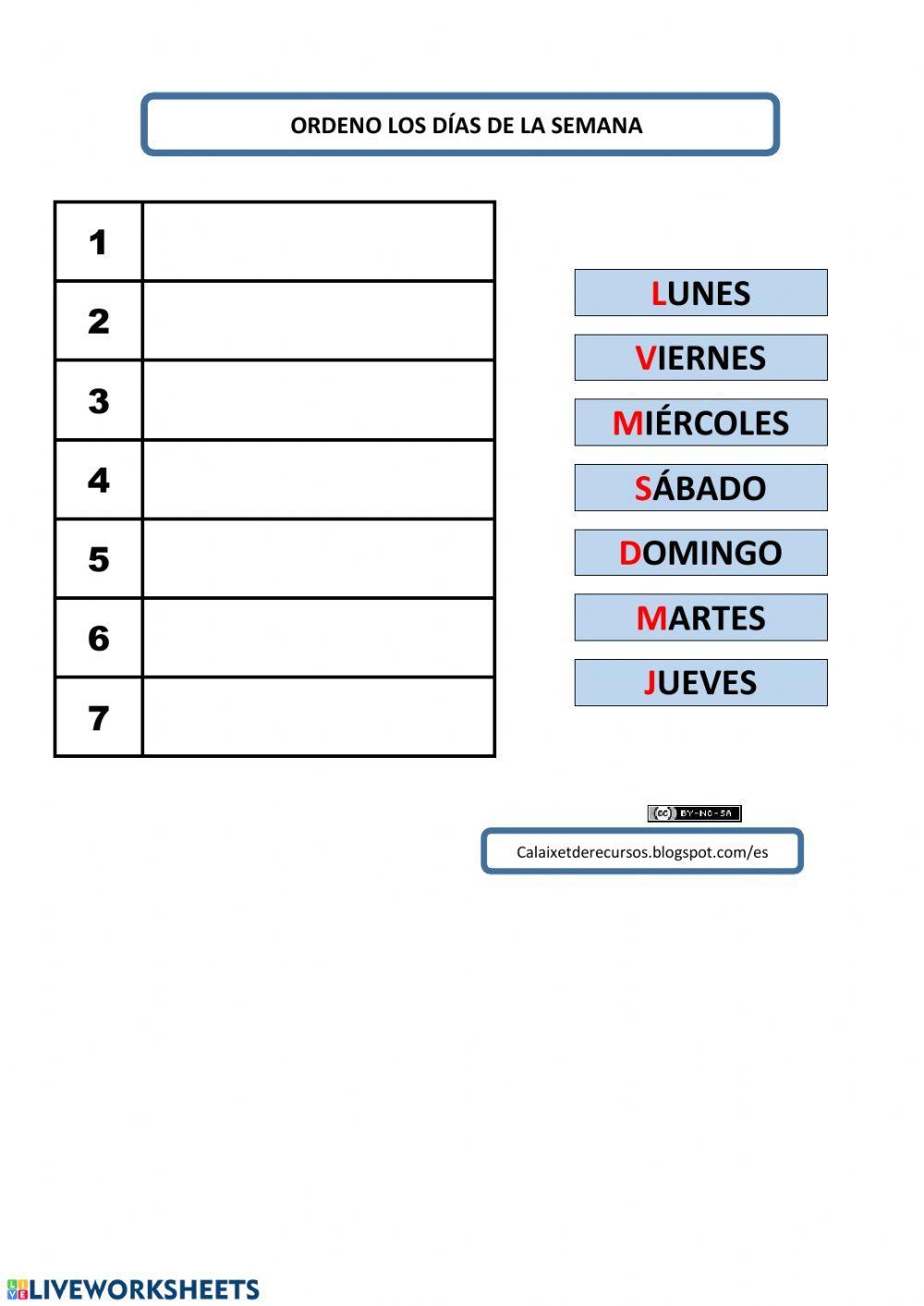 ORDENA LOS DÍAS DE LA SEMANA worksheet | Live Worksheets