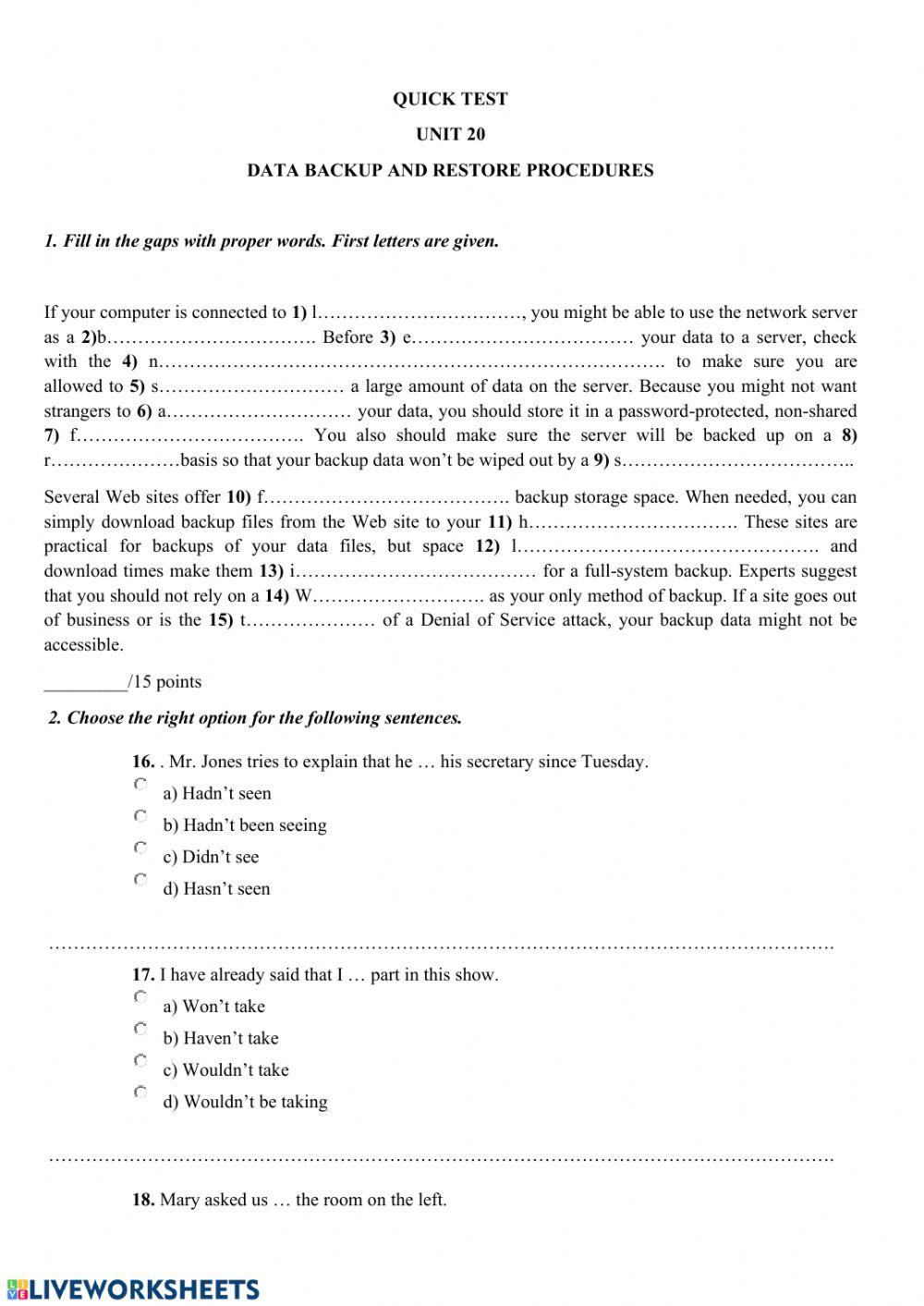 Test unit 20 worksheet | Live Worksheets
