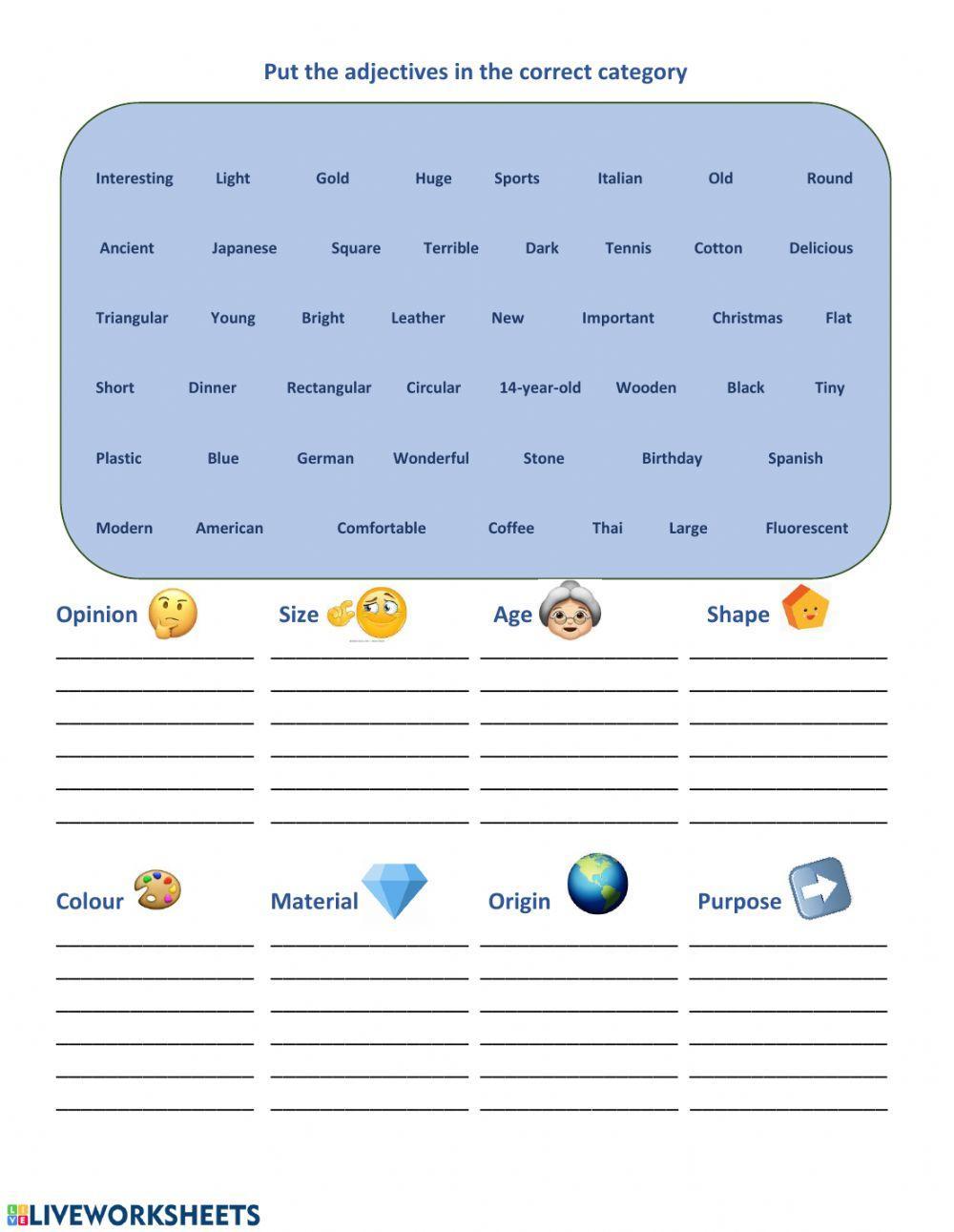 Adjectives cate… | Free Interactive Worksheets | 102083
