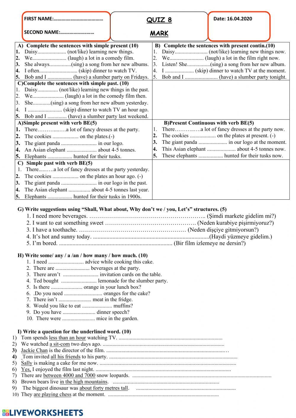 Quiz 8 worksheet | Live Worksheets
