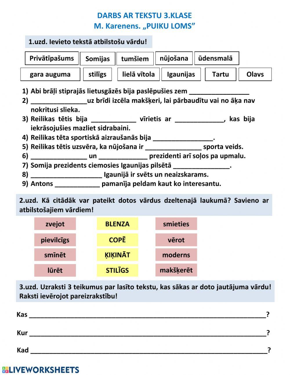 M. Karenens. Puiku loms. Darbs ar tekstu worksheet | Live Worksheets