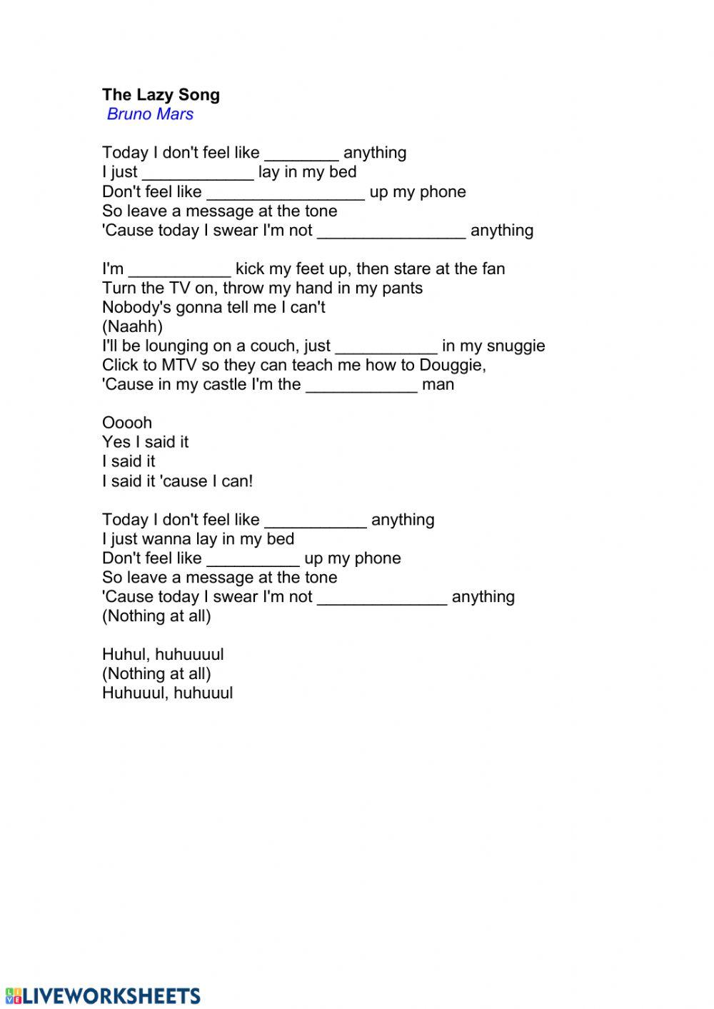 The Lazy Song | Free Interactive Worksheets | 103317