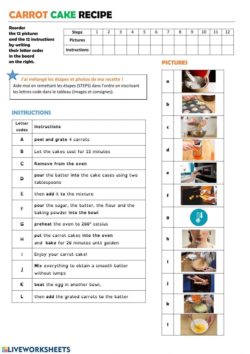 Carrot cake recipe interactive worksheet | Live Worksheets