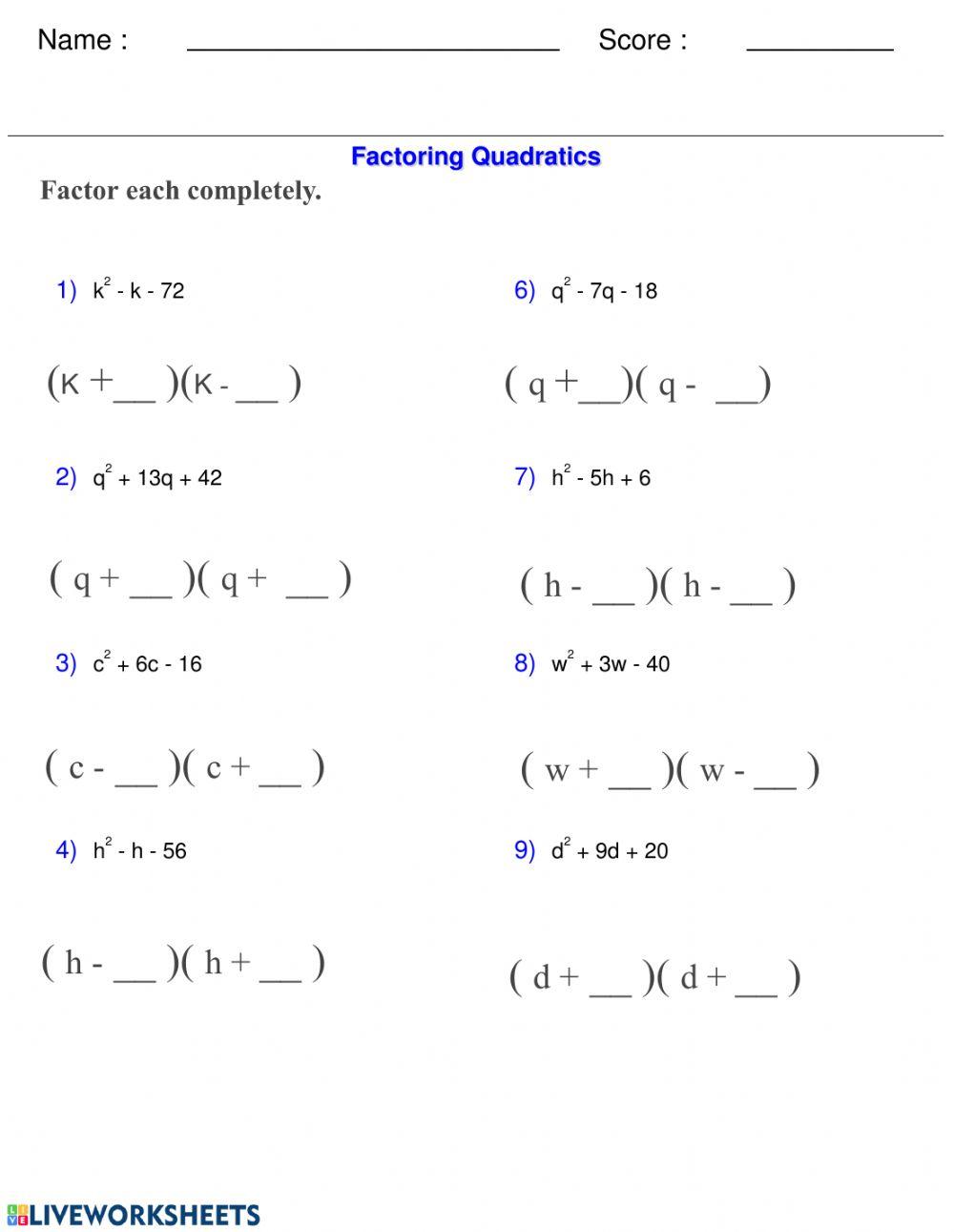 Worksheet Factoring Trinomials