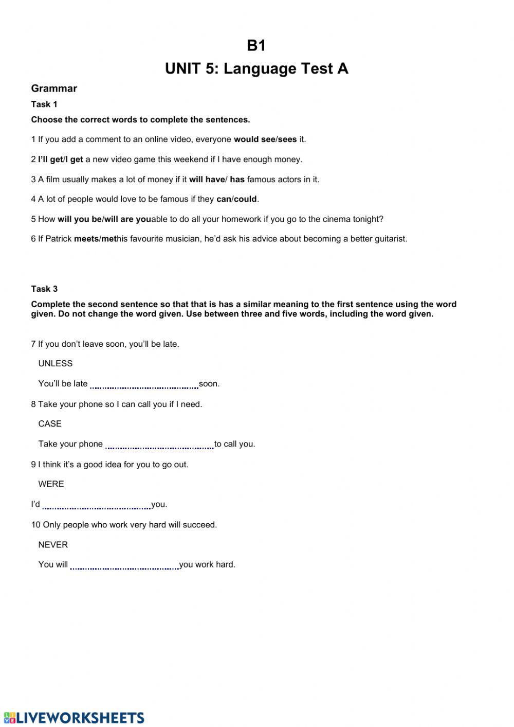 B1 Unit test 5 - strona 1 - online exercise for | Live Worksheets