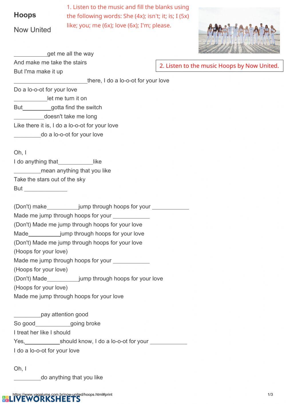 Fill the Blanks ( Hoops by Now United) worksheet | Live Worksheets