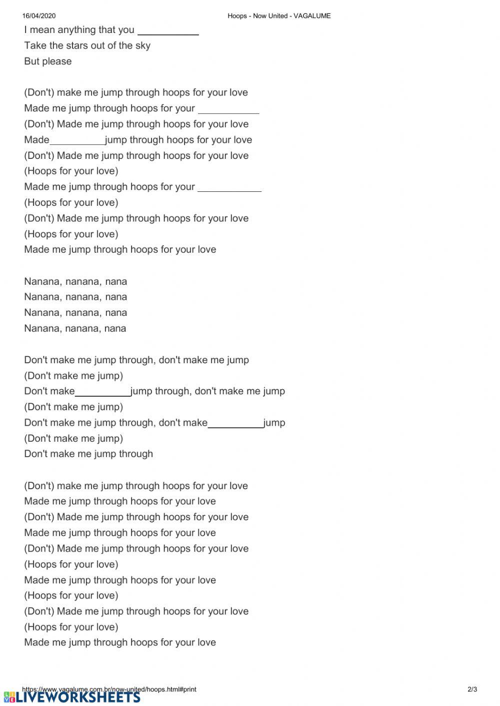 Fill the Blanks ( Hoops by Now United) worksheet | Live Worksheets