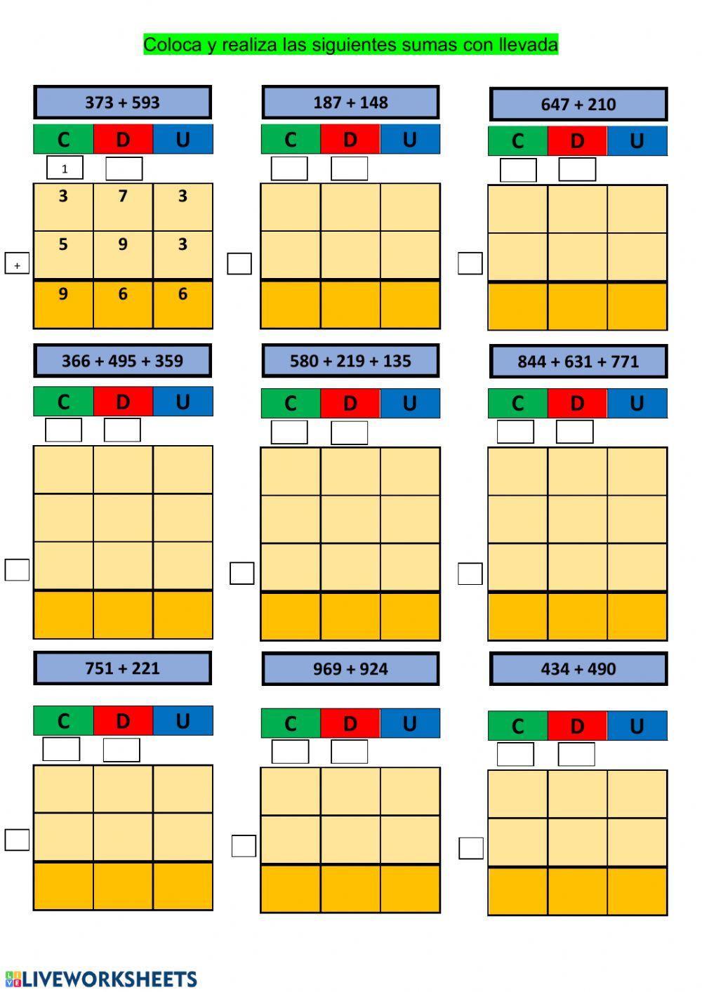 Sumas con llevada 1 worksheet | Live Worksheets