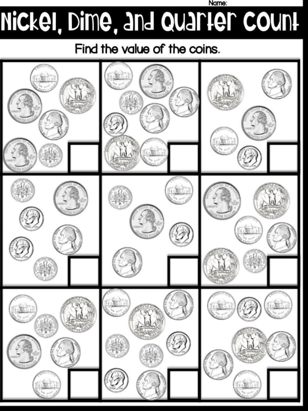 Nickles, Dimes, and Quarters worksheet | Live Worksheets