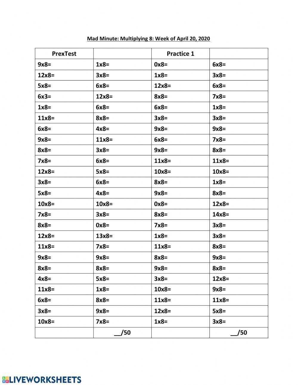 Eight times tab… | Free Interactive Worksheets | 107074