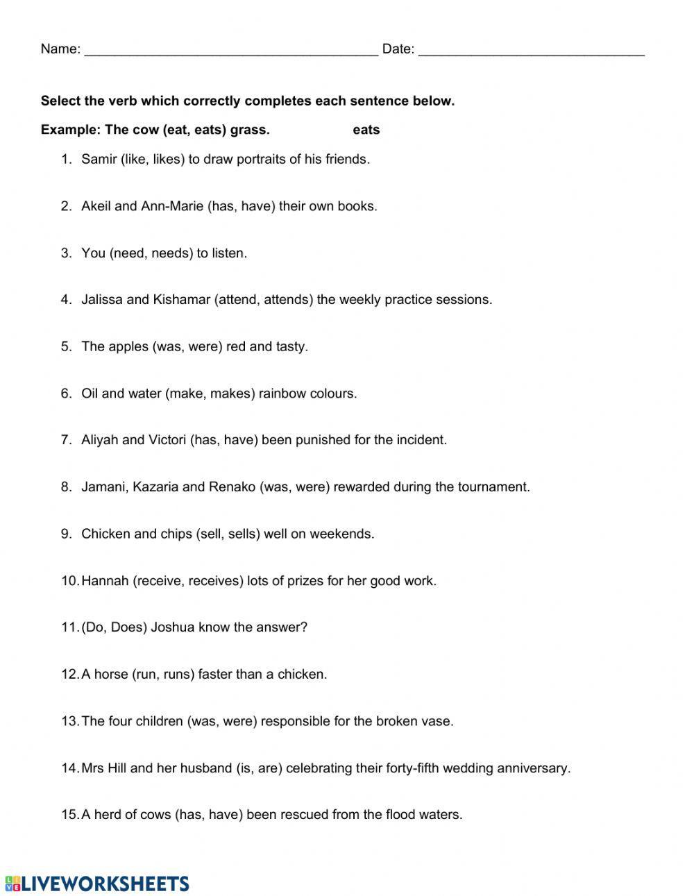 Subject And Verb Agreement Exercise Live Worksheets subject-and-verb-agreement-exercise-live-worksheets