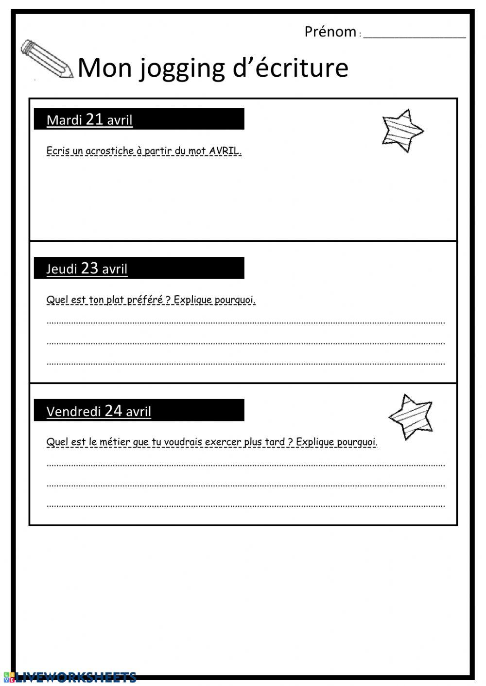 Jogging d'écriture worksheet | Live Worksheets