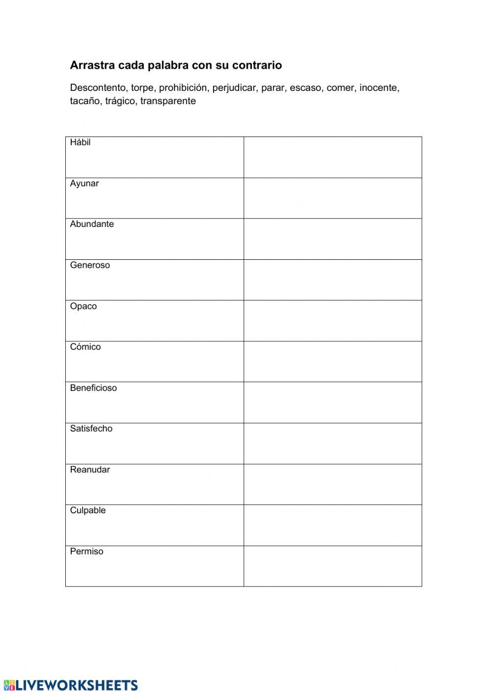 Contrarios worksheet | Live Worksheets