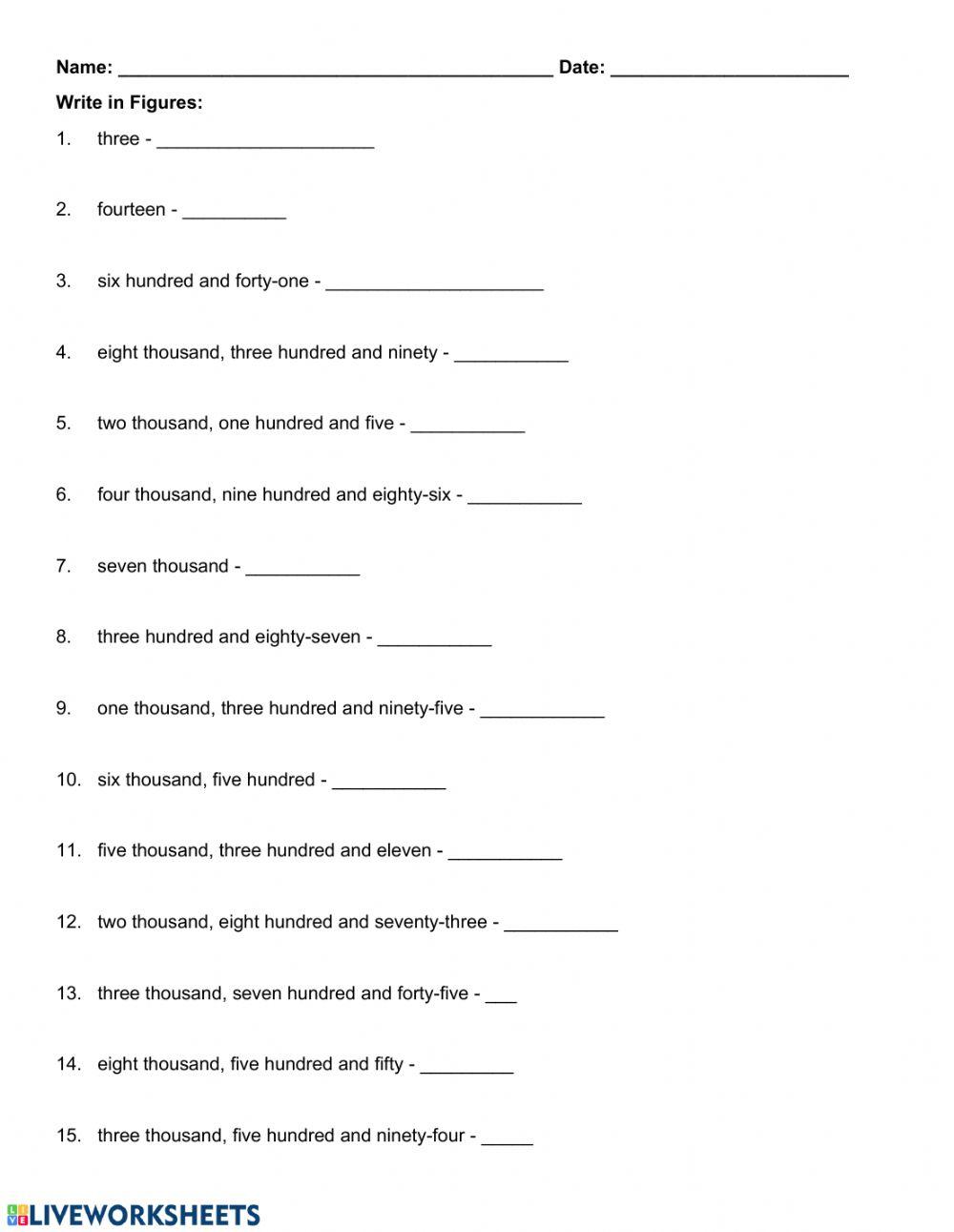 Write in Figures | Free Interactive Worksheets | 107813