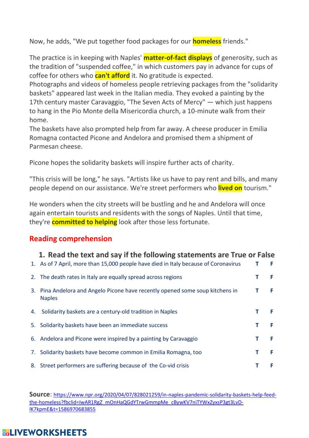 Naples solidarity baskets worksheet | Live Worksheets