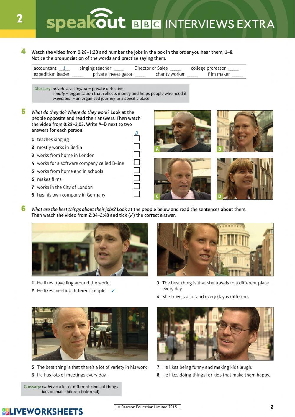 Speak Out Pre-Intermediate unit 2 video - Work worksheet | Live Worksheets