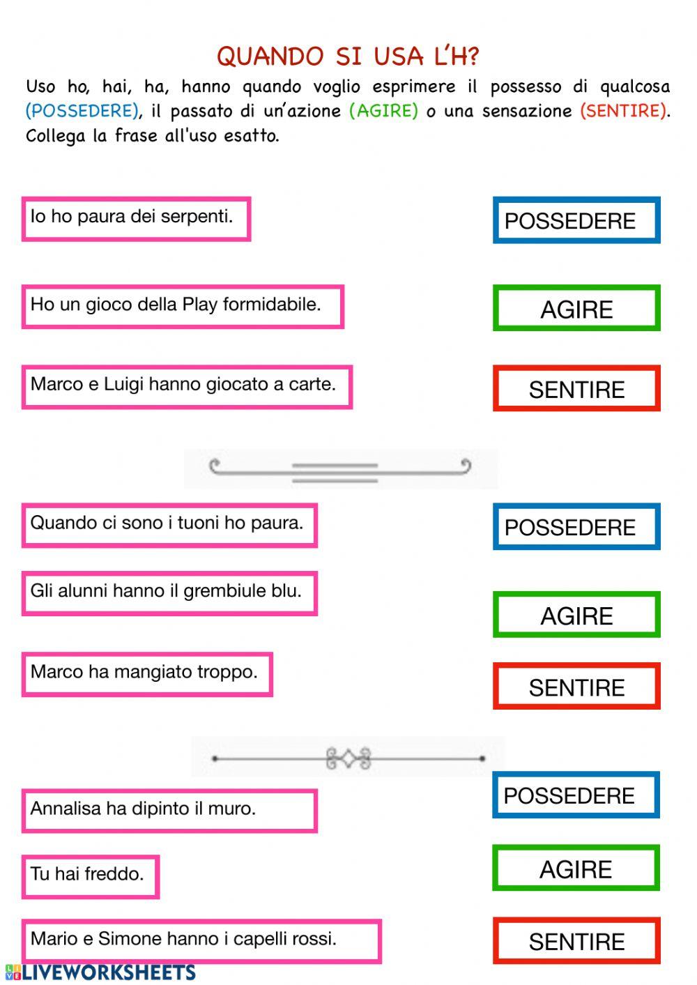 Possedere-provare-sentire worksheet | Live Worksheets