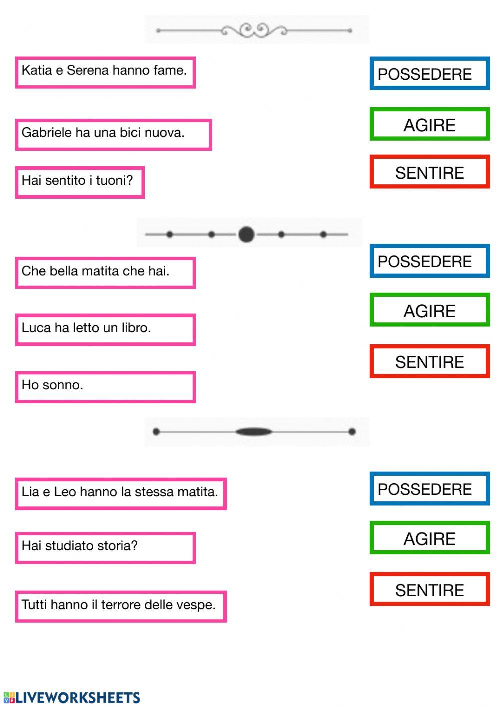 Possedere-provare-sentire worksheet | Live Worksheets