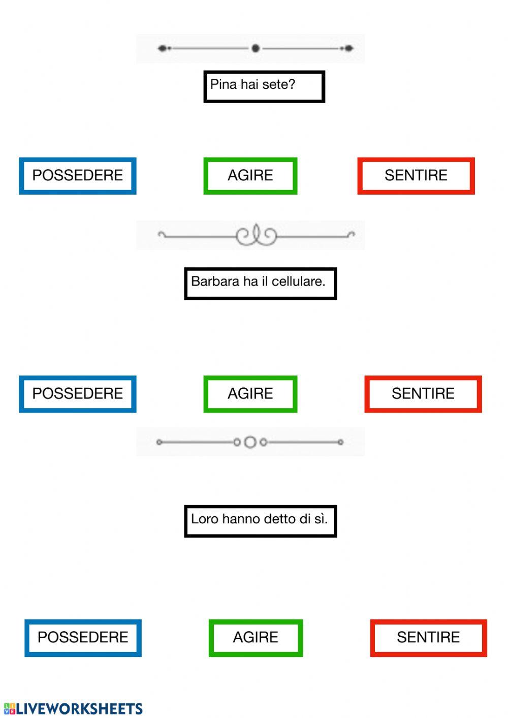 Possedere-provare-sentire2 worksheet | Live Worksheets