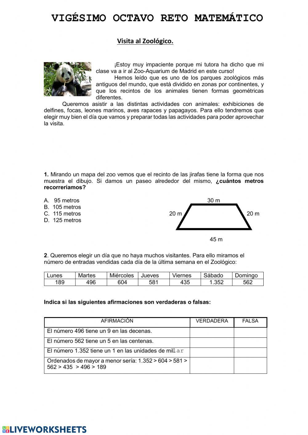 VIGÉSIMO OCTAVO RETO MATEMÁTICO online exercise for | Live Worksheets