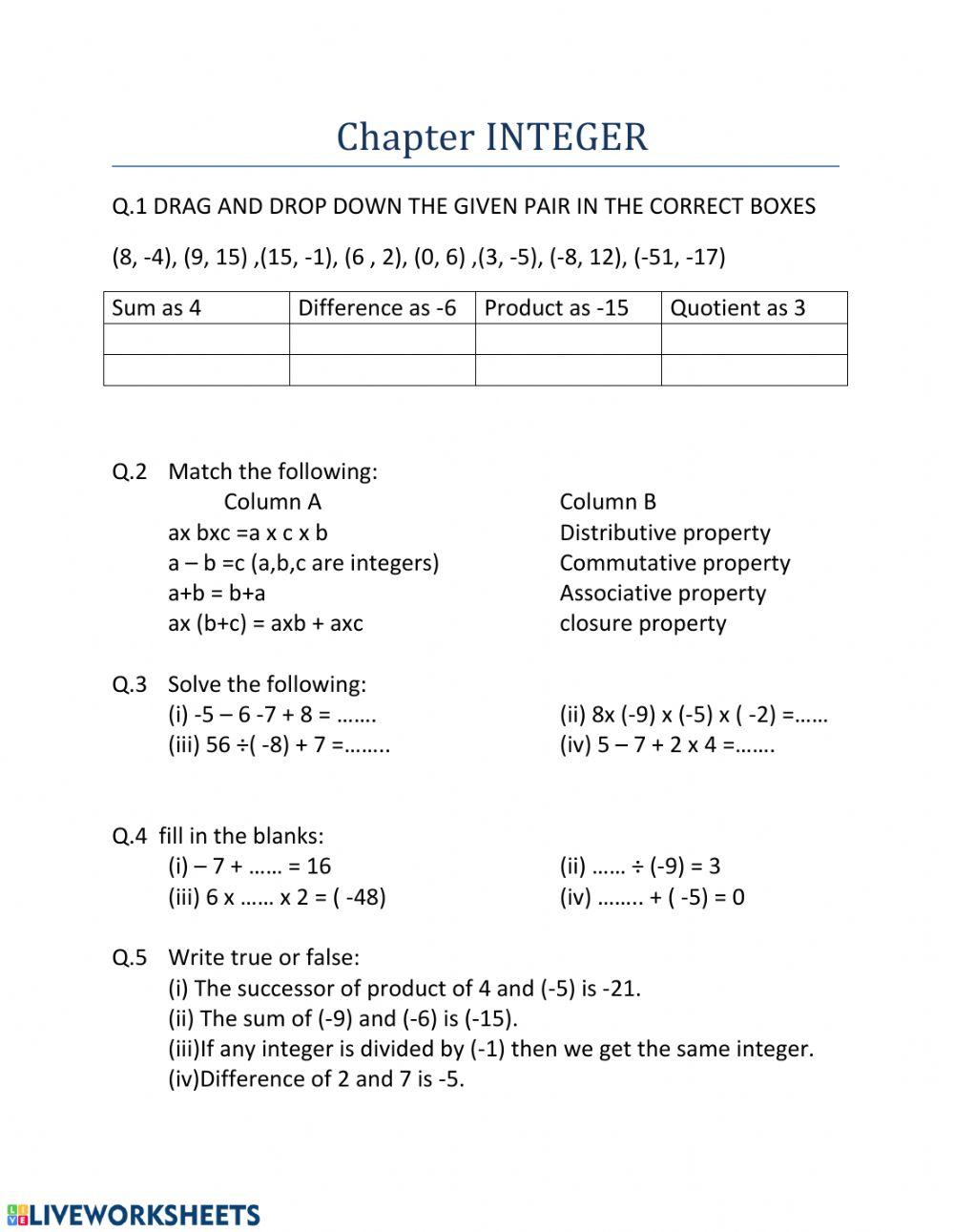 Integer 110947 | Neeru | Live Worksheets