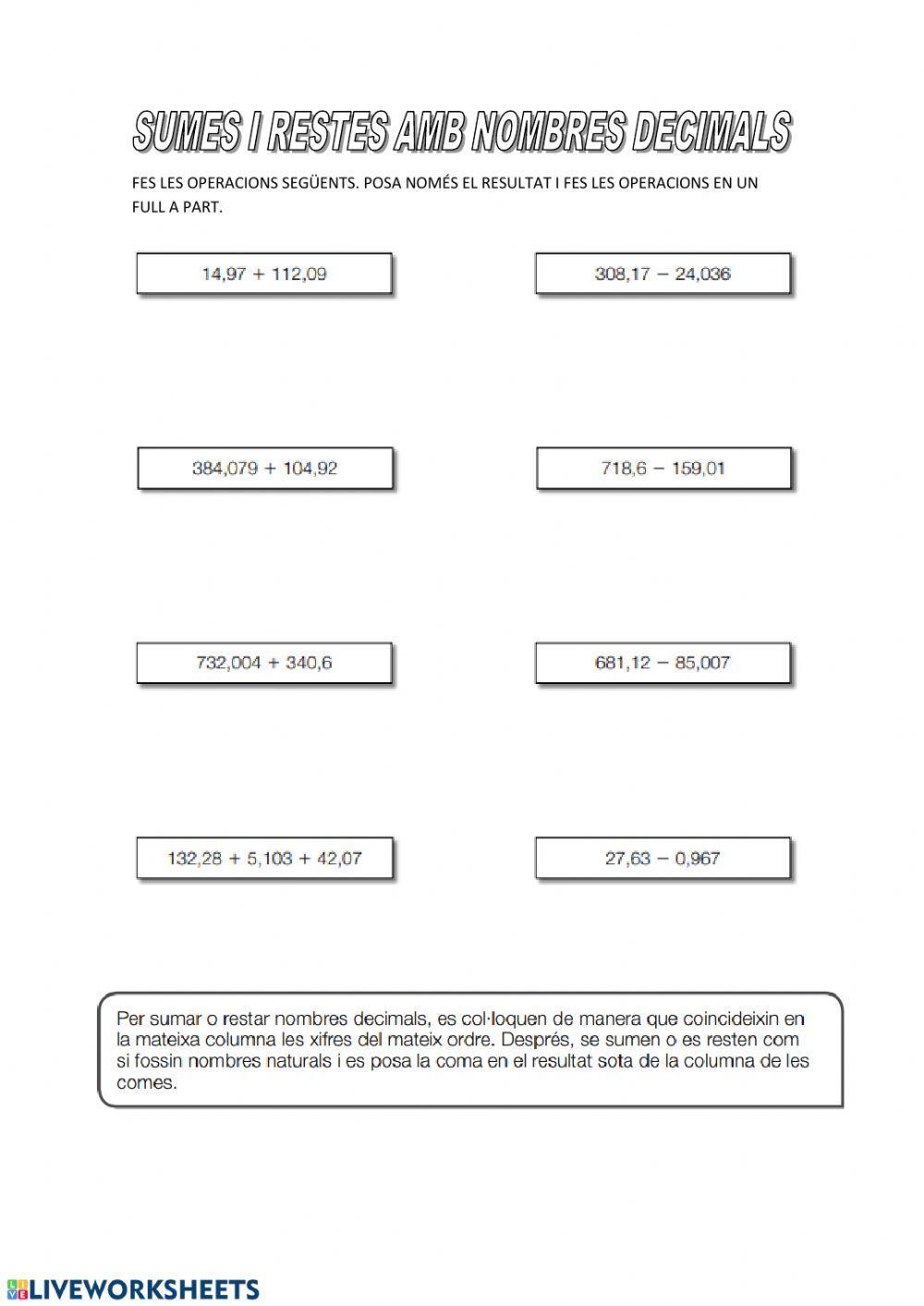 Sumes i restes números decimals worksheet | Live Worksheets
