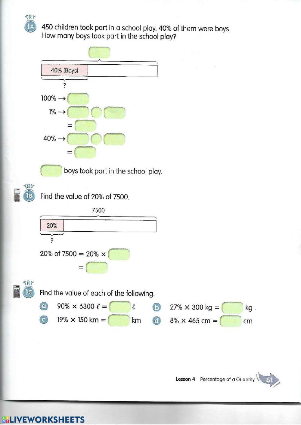 Percentage page 60-64 worksheet | Live Worksheets