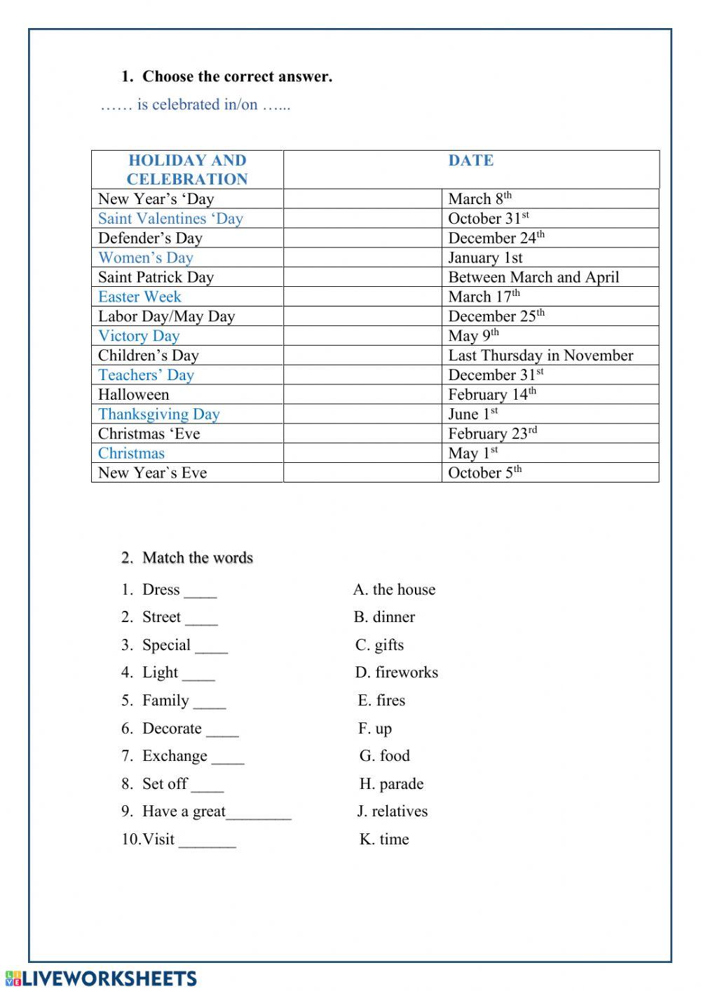 Celebrations 5 | Free Interactive Worksheets | 5496361