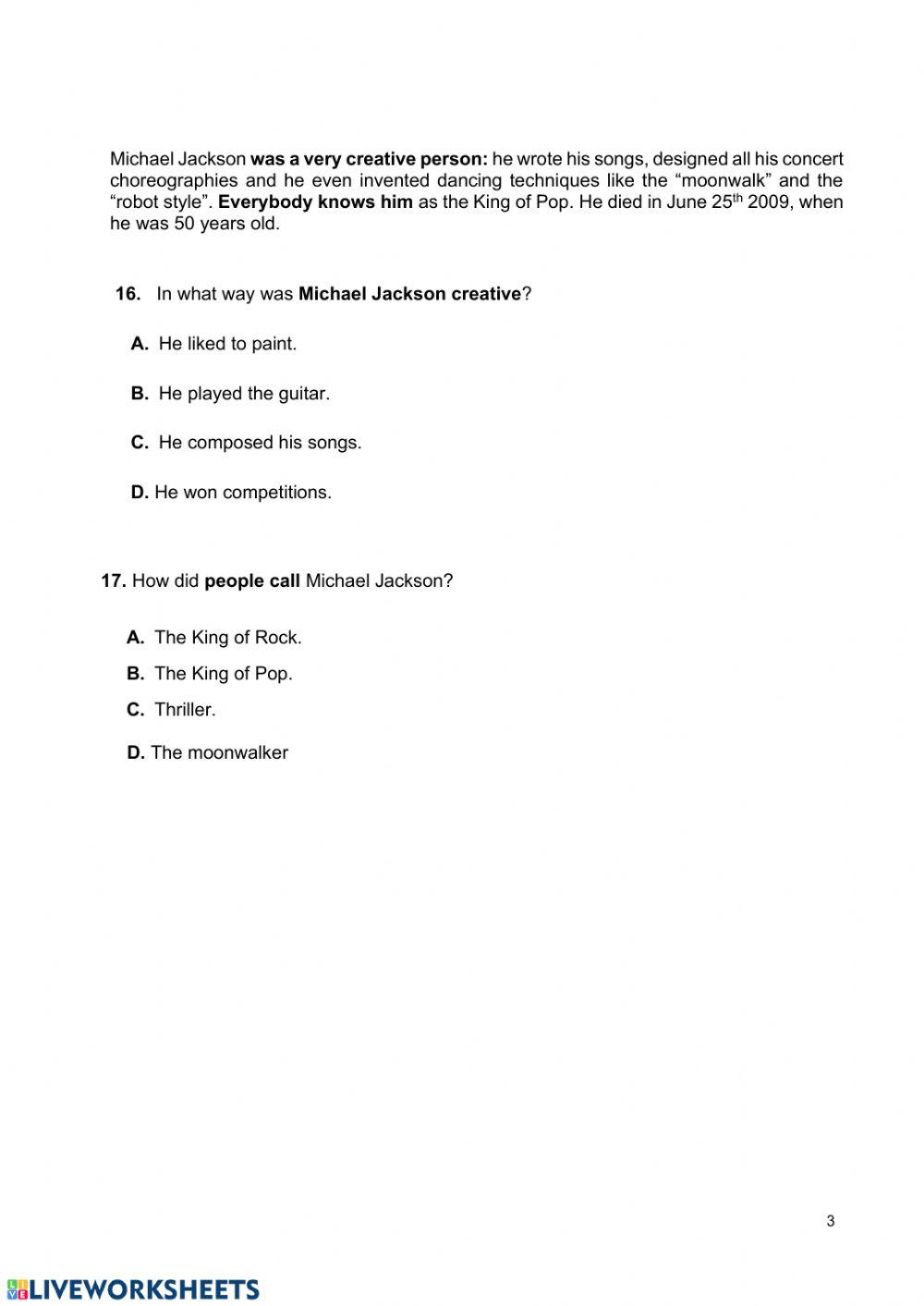 Michael Jackson online exercise for | Live Worksheets