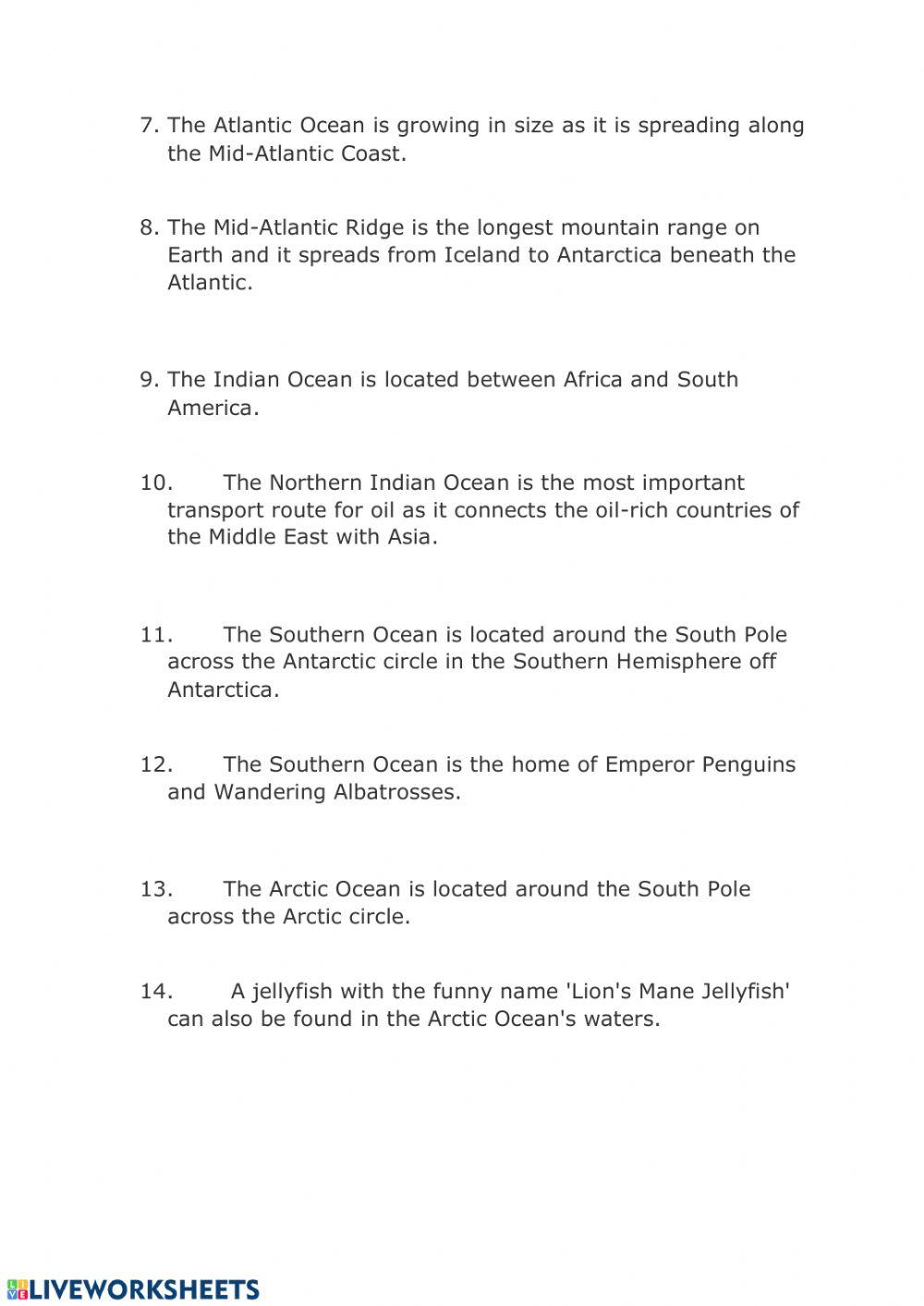 Interesting facts about oceans worksheet | Live Worksheets