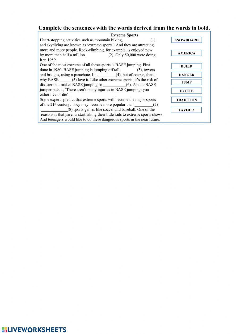 Extreme Sports exercise | Live Worksheets