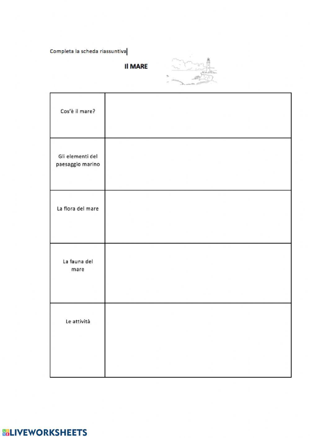 Scema riassuntivo sul mare worksheet | Live Worksheets