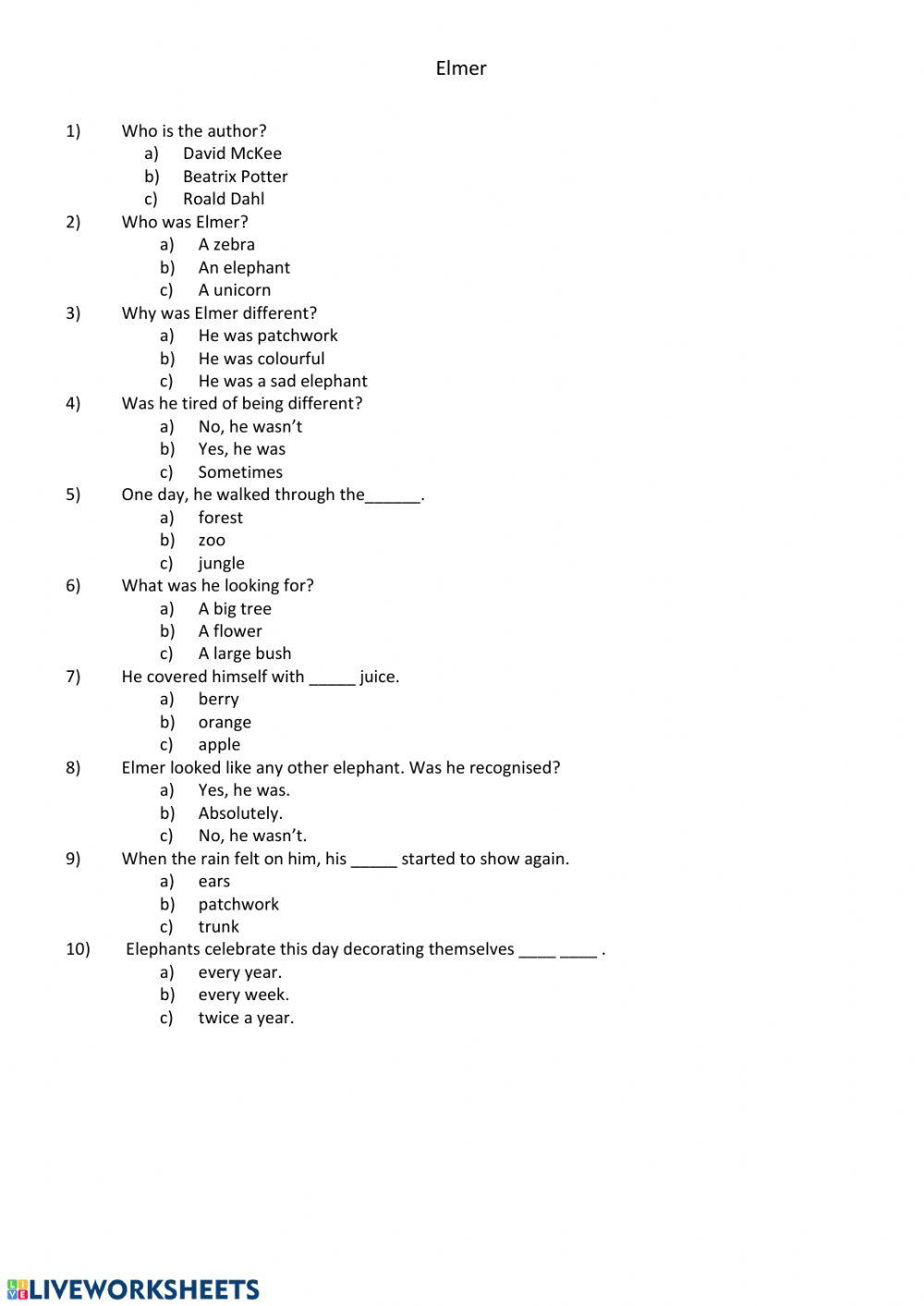 Elmer 5 5499044 | MissMaryCP | Live Worksheets