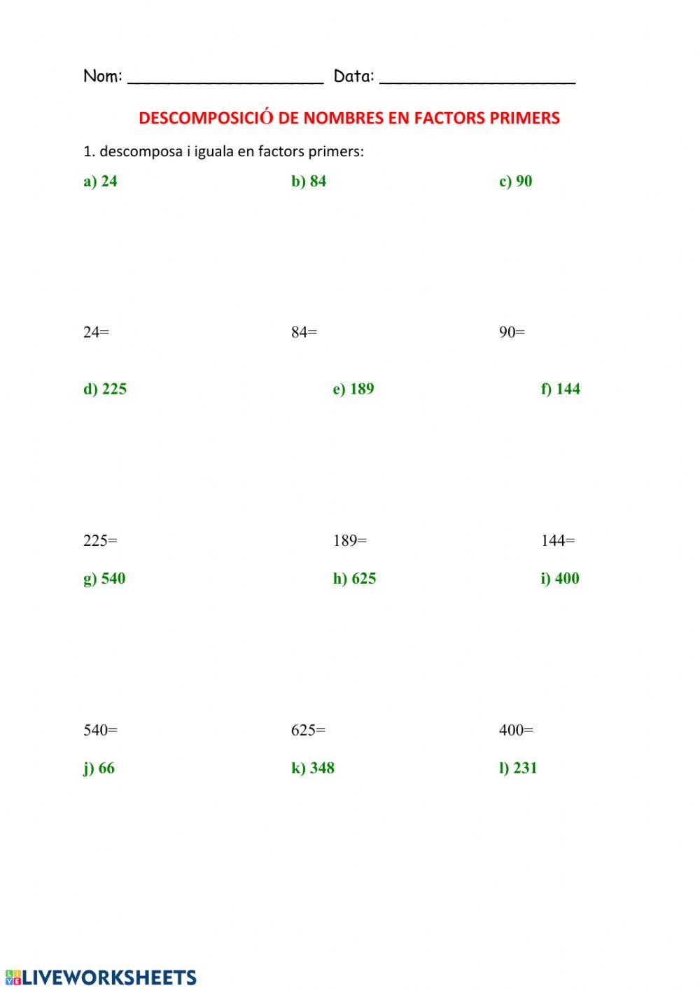 Descomponer núm… | Free Interactive Worksheets | 113417