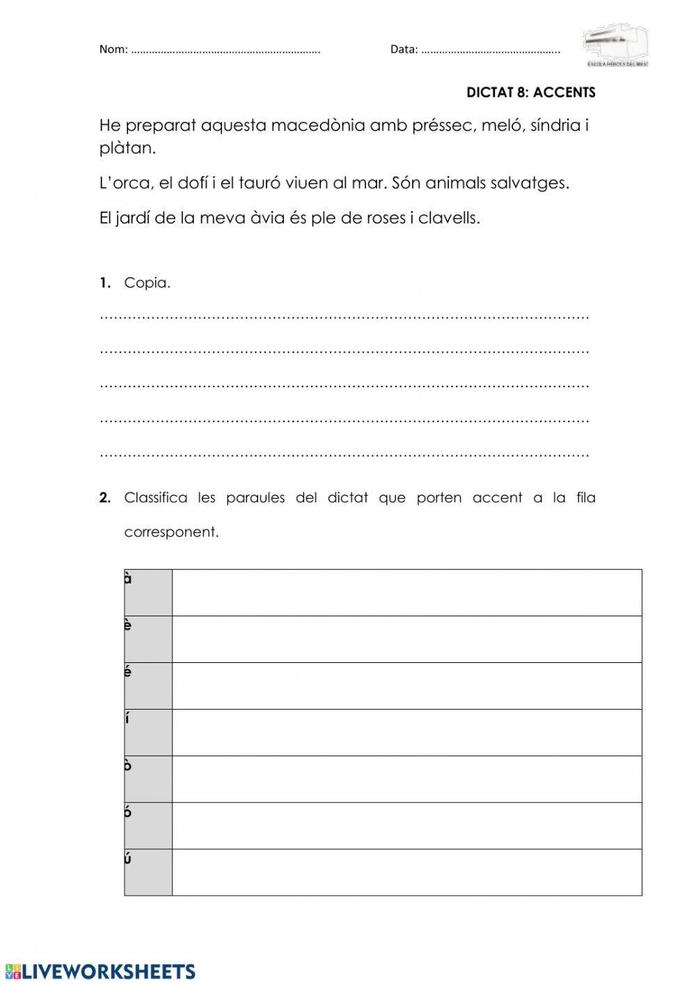 Dictat 9 Accents worksheet | Live Worksheets