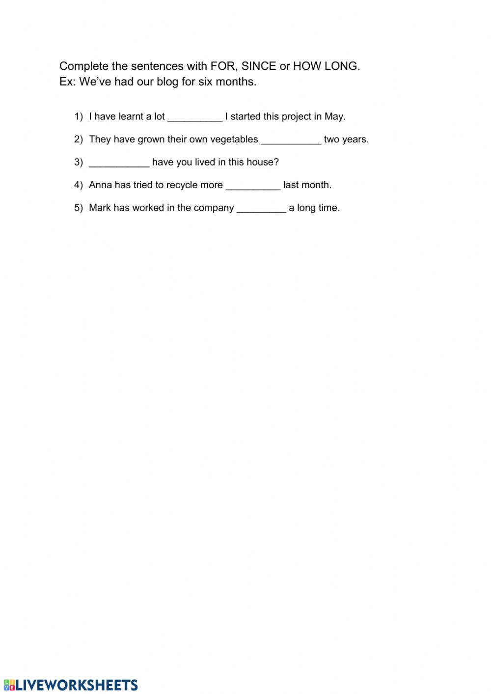 For, since, how… | Free Interactive Worksheets | 114959