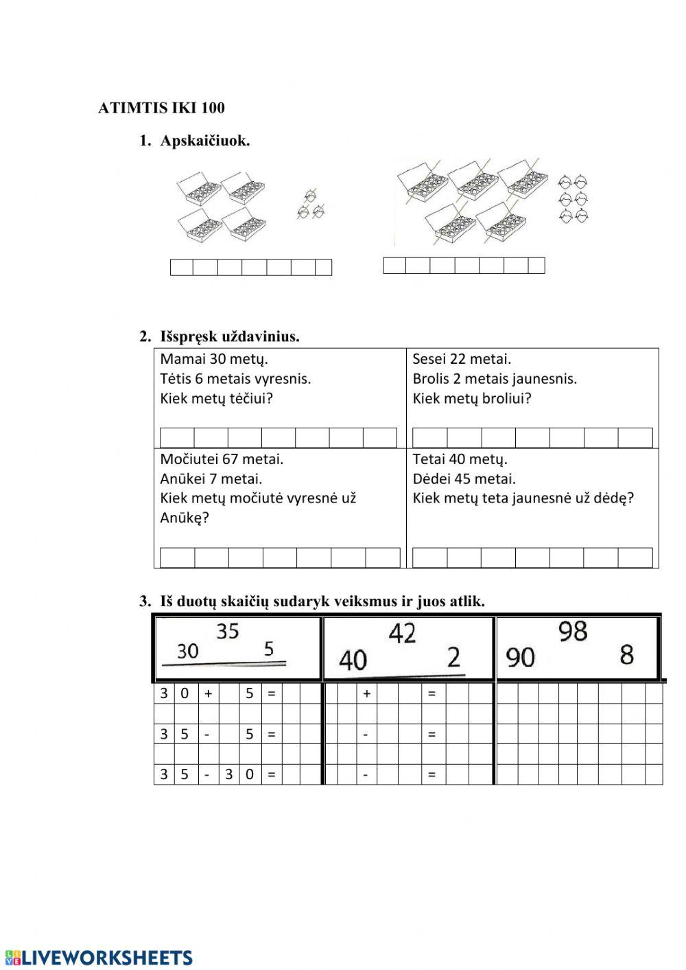 Atimtis iki 100 worksheet | Live Worksheets