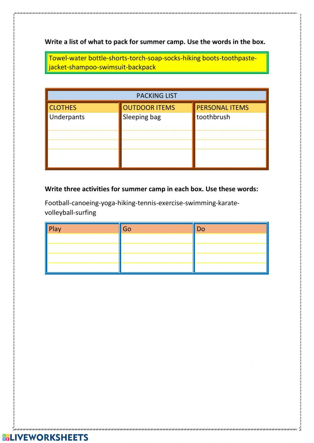 Summer camp activity | Live Worksheets