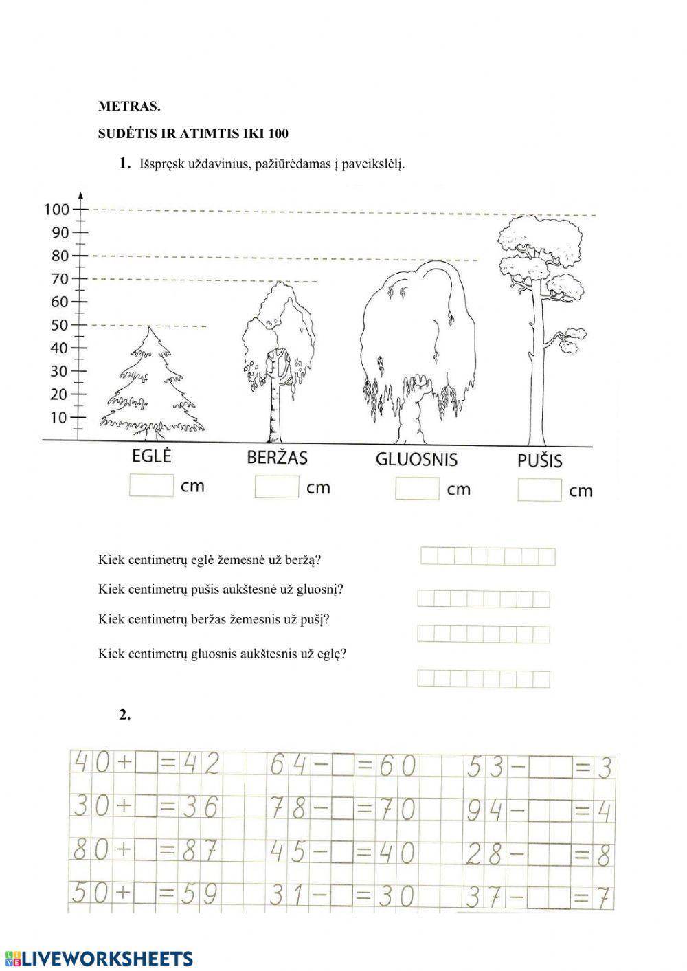 Metras. Sudėtis ir atimtis iki 100 worksheet | Live Worksheets
