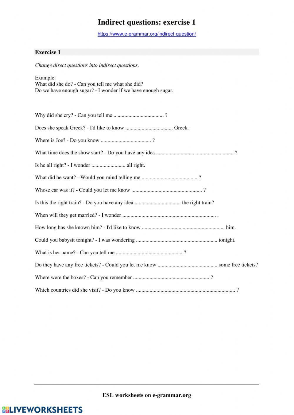 Indirect questi… | Free Interactive Worksheets | 115934