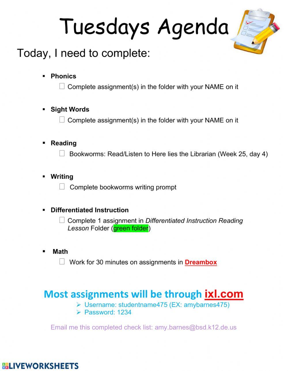 Tuesday's Agenda online worksheet | Live Worksheets