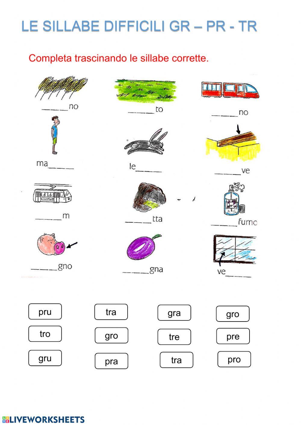 I suoni difficili GR PR TR worksheet | Live Worksheets
