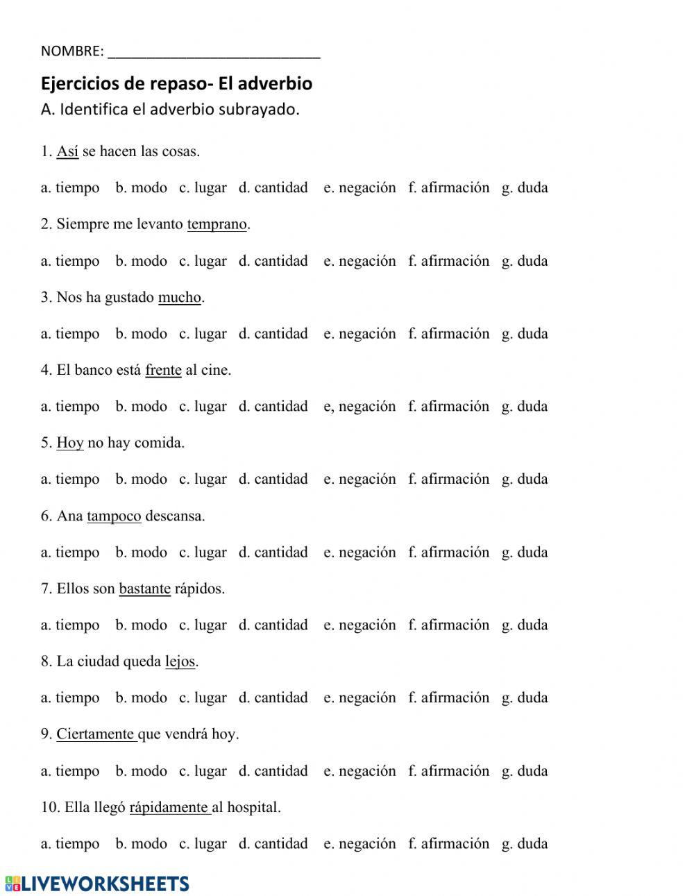 Repaso-Adverbios worksheet | Live Worksheets