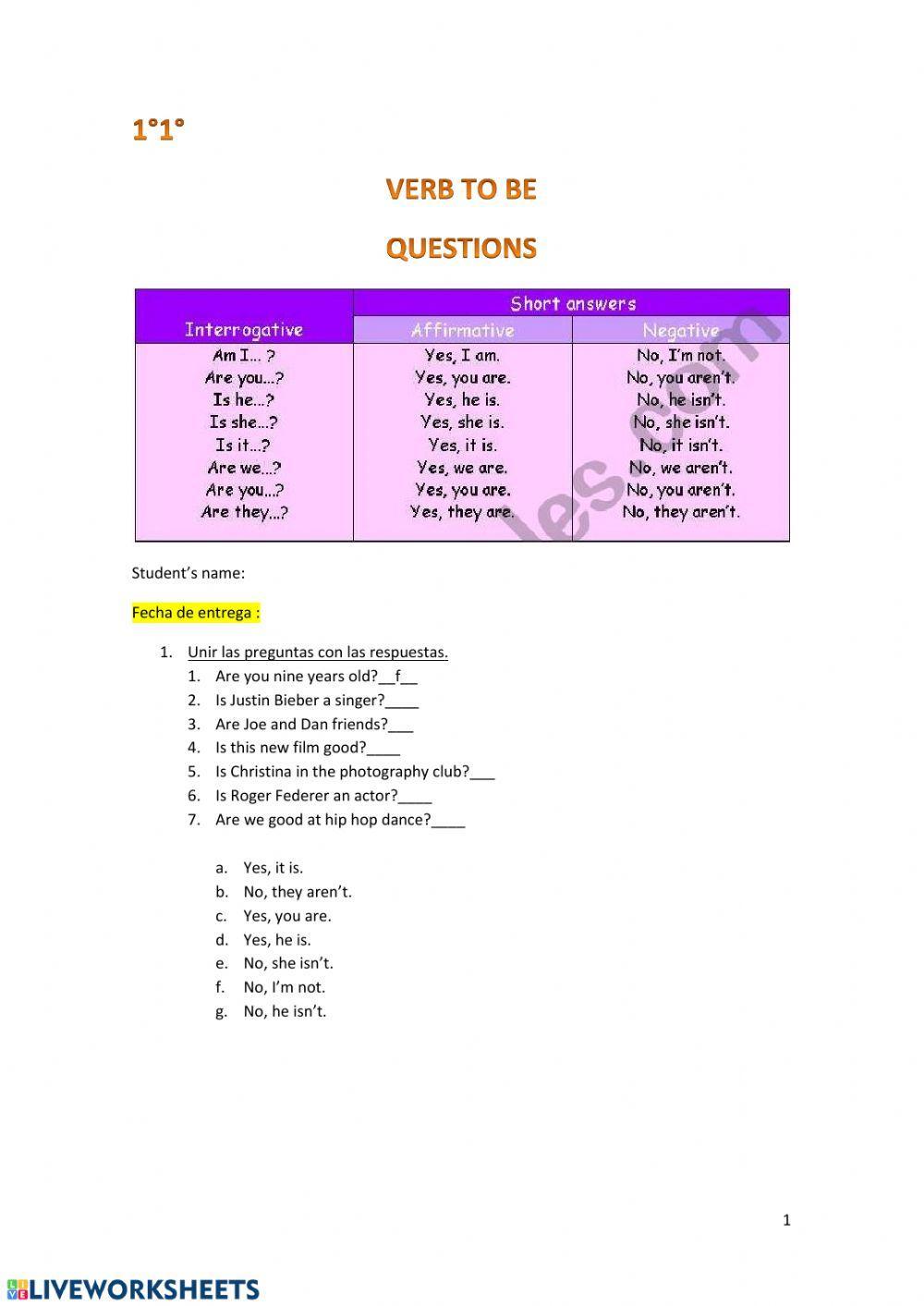 Verb to Be Ques… | Free Interactive Worksheets | 116837
