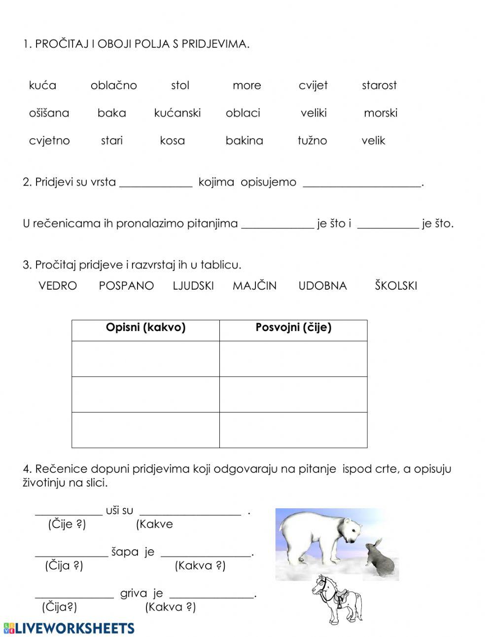 Pridjevi (opisni i posvojni), 3.r. online exercise for | Live Worksheets