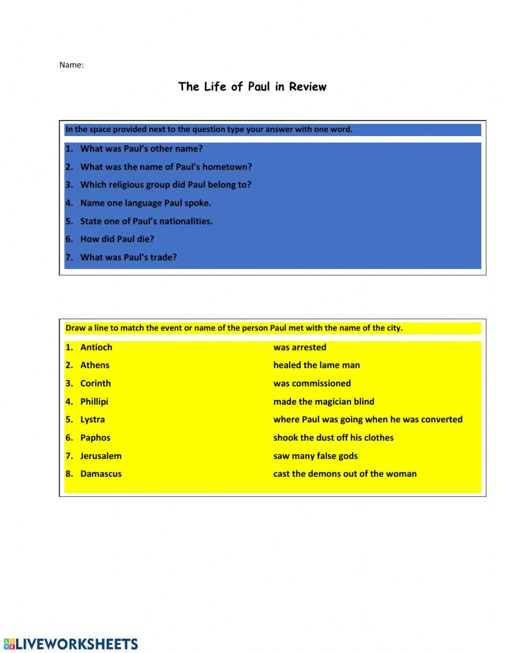 The Life of Paul Review worksheet | Live Worksheets